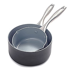 GreenPan Lima Hard Anodized Healthy Ceramic Nonstick 1QT and 2QT Saucepan Pot Set, PFAS-Free, Oven Safe, Gray