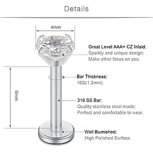 SCERRING 6PRS(12pcs) 16G 4mm Mix Color CZ Internally Threaded Labret Monroe Lip Ring Tragus Nail Helix Earring Stud Piercing Jewelry Bar Length 6mm