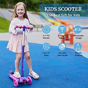RideVOLO Kids' Kick Scooter for Ages 3-8, 3 Adjustable Heights, Flashing Wheels, 6" Wide Anti-Slip Deck and High Stability, Max Load 110lbs, Easy Assembly, Outdoor Activities, Gift for Boy/Girl Purple