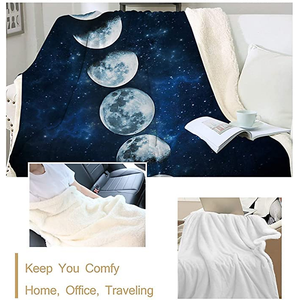 Sleepwish Lunar Eclipse Blanket Moon Phases Blanket Celestial Fleece Blanket Dark Blue Sherpa Throw Blanket College Dorm Blanket Baby(30"x40")