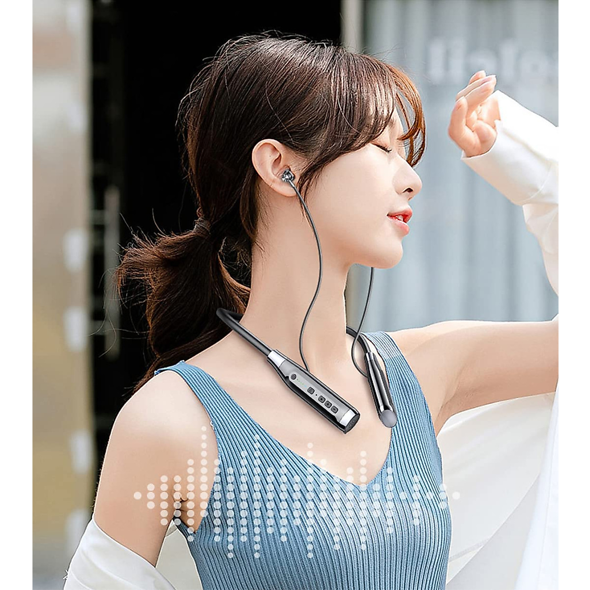 Bluetooth Headphones Neckband Wireless HeadsetTF card can be insertedwith MP3function100 Hours Long Battery Life Built-in Noise Cancelling Microphone Semi-in-Ear Earbuds foRunningDrivingWorking