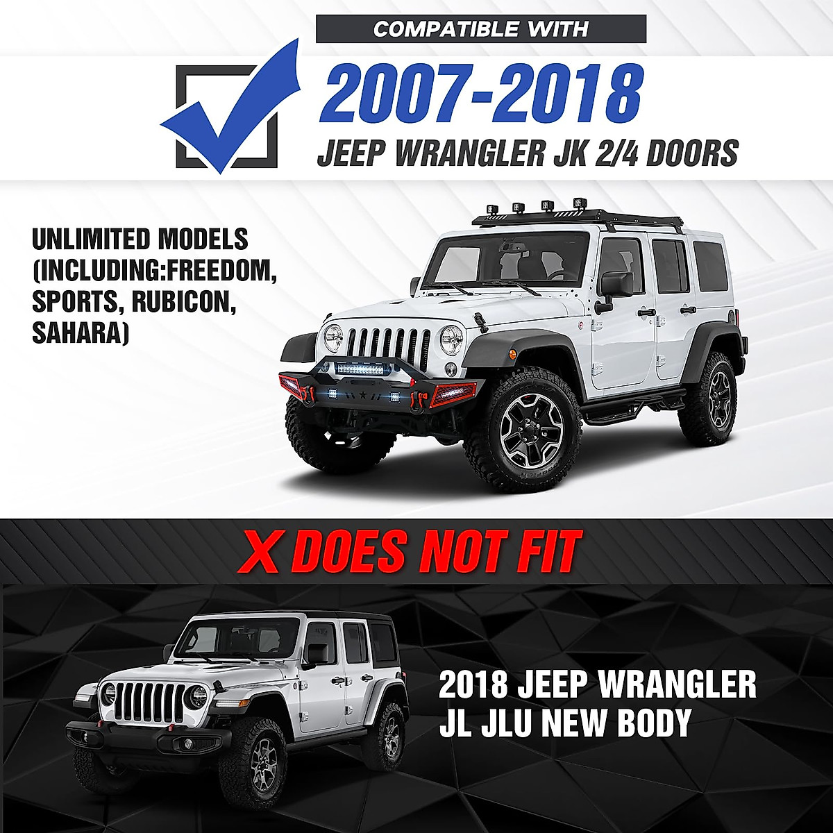 OBNAUX Front & Rear Bumpers w/Tire Carrier for 2007-2018 Jeep Wrangler JK JKU Unlimited w/Winch Plate, License Plate Bracket, Paintable Armor, OE Fog Light Holes, Hitch Receiver & D-rings