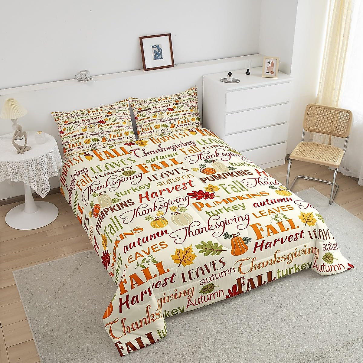 Fall Pumpkin Comforter Set King Size,Nature Farmhouse Plants Quilt Set 3Pcs,Rustic Maple Leaves Bedding Set for Kids Girls Boys Teens Room Decor,Thanksgiving Day Duvet Insert,2 Pillowcases