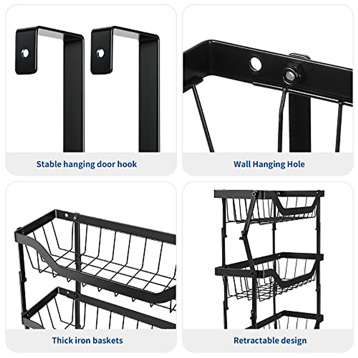 Chemailon Over The Door Hanging Organizer, 4-Shelf Wall Mount Metal Wire Storage Rack Behind Door for Bedroom Living Room Pantry Bathroom (Black)