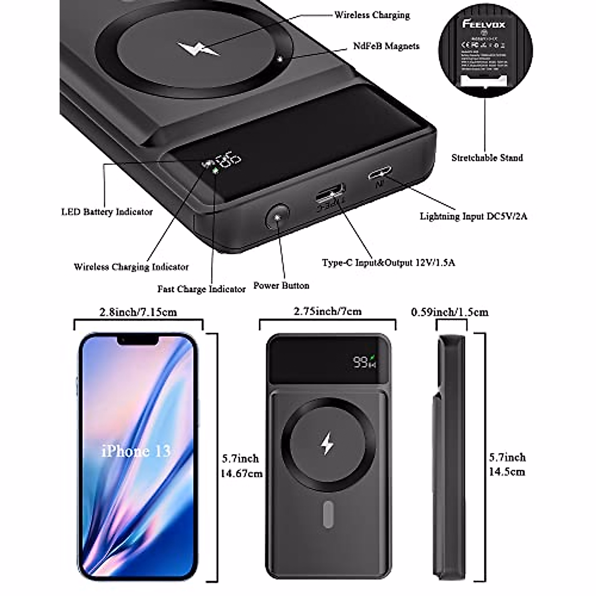 FEEL VOX Magnetic Wireless Portable Charger, Power Bank 10000mAh USB-C 18W Fast Charging Mag-net Safe Battery Pack with LED Display, Suitcase-Style Metal Retractable Stand for iPhone 14/13/12 Series