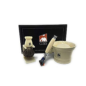 G.B.S Men's Grooming Kit - 5 Blade Ivory Razor, Ceramic Mug, Glycerin Soap, Shaving Brush, Stand Ultimate Includes 1 Blade