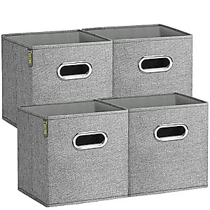 BALEINE Premium Foldable Cube Storage Bins, Collapsible Linen Fabric Cube Organizer with Aluminum Handles, 10.5" x 10.5" x11" Heavy Duty Cube Baskets, Winter Gray 4 Pack