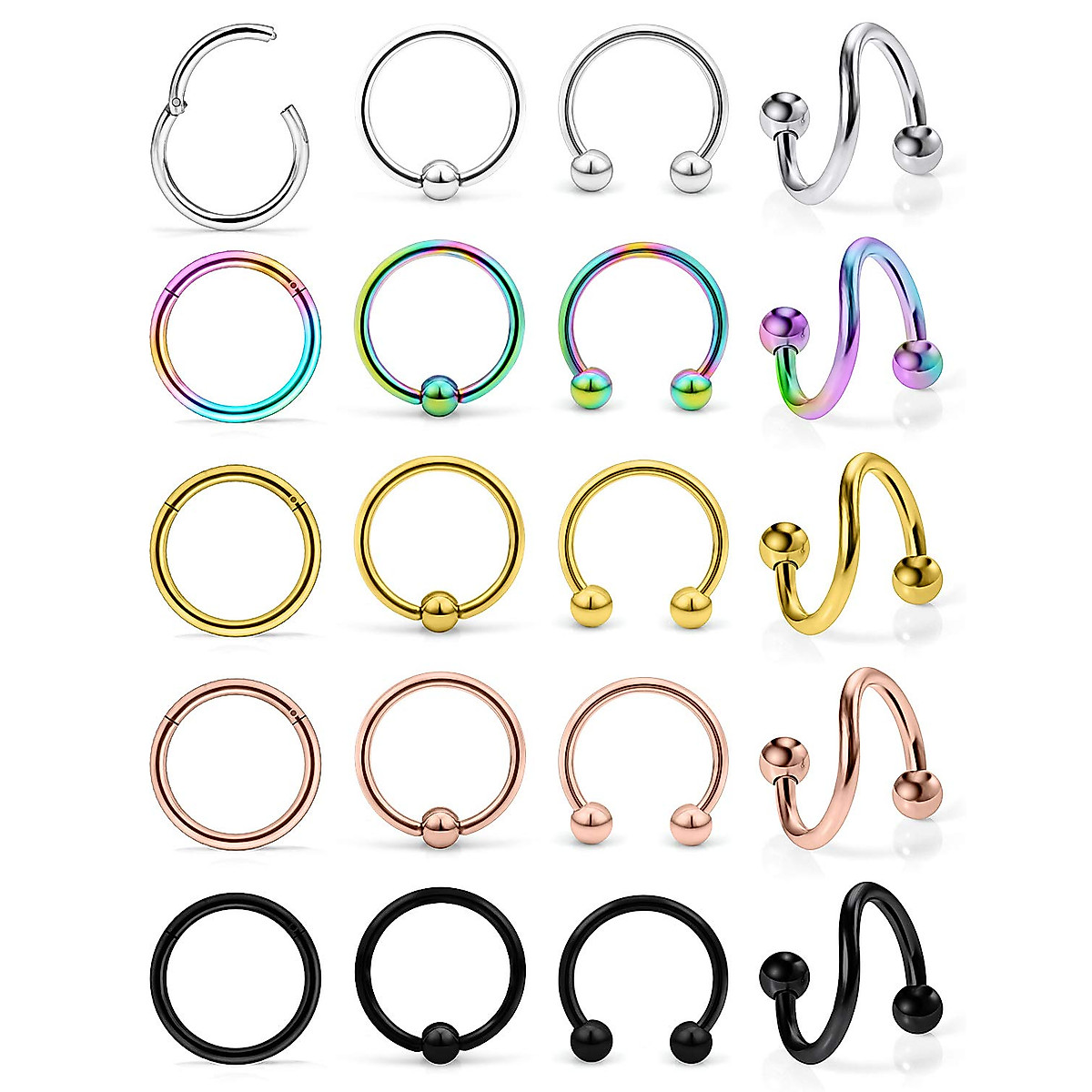 Dyknasz 20PCS 16G Twisted Spiral Barbell Hinged Segment Clicker Rings Cartilage Helix Daith Tragus Earring Surgical Steel Lip Labret Hoop Rings Piercing Jewelry for Women Men 8mm 5/16