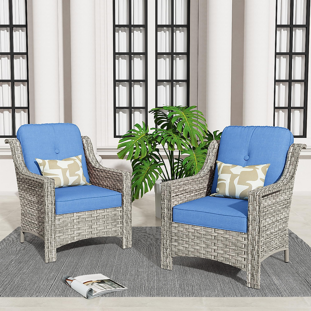 ovios 2 Piece Outdoor Patio Furniture with Single Sofa,Rattan Wicker Coversation Set with High Back,Sectional Sofa for Outside Porch Balcony Backyard Pool,Blue