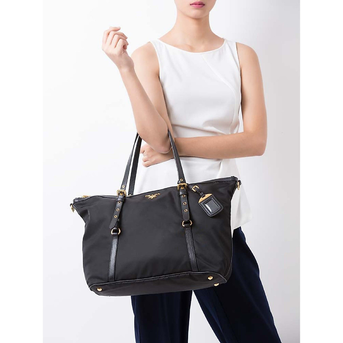 Prada Tessuto Black Nylon Leather Trim Shopping Tote Handbag 1BG253