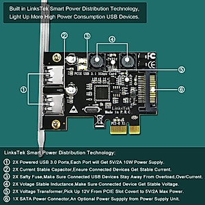 LinksTek 2-Ports PCIE USB 3.0 (USB 3.1 GEN1) 5Gbps Expansion Card for Desktop PCs, 2X 5Gbps USB-A Ports, Built in Smart Power Distribution Technology, No Need Extra Power Supply (PCIE-U302A)