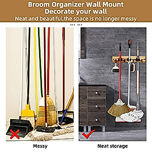 Mop and Broom Holder Wall Mount,3 Racks 4 Hooks Solid Wood Broom Organizer, Heavy Duty Broom Hanger for Home, Kitchen, Garage,Laundry,Closet, Garden Tools Storage - Wall Holder For Broom,Mop Handle