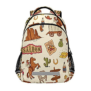 Coloful America Western Cowboy Backpack Laptop Bag Wildlife Lasso Cactus Gold Shoulder Bookbag Casual Travel Camping Daypack Safe Reflective Stripes Large Capacity