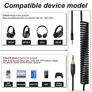 Toxaoii QC45 Coiled Audio Cable Cord Compatible with Bose QuietComfort QC 45, QC35 II, QC 35, OE2 OE2i Soundlink SoundTrue Headphone with 6.35mm Adapter for Guitar/Xbox One/ PS4 (4 to 16FT)