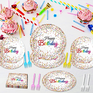 96 Pieces Happy Birthday Plates and Napkins Party Supplies for Confetti Sprinkles Theme Table Decorations Pastel Birthday Party Tableware Donut Paper Plates Napkins Forks Favors for 24 Guests.