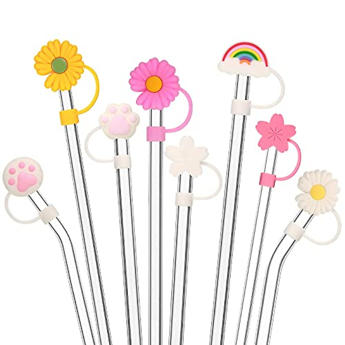 8 Pieces Silicone Straw Tips Cover Reusable Drinking Straw Lids Sunflower Cherry Blossom Rainbow Cat Paw Straw Cap Cover for 6-8 mm Straws Anti-dust Straw Tips Plugs