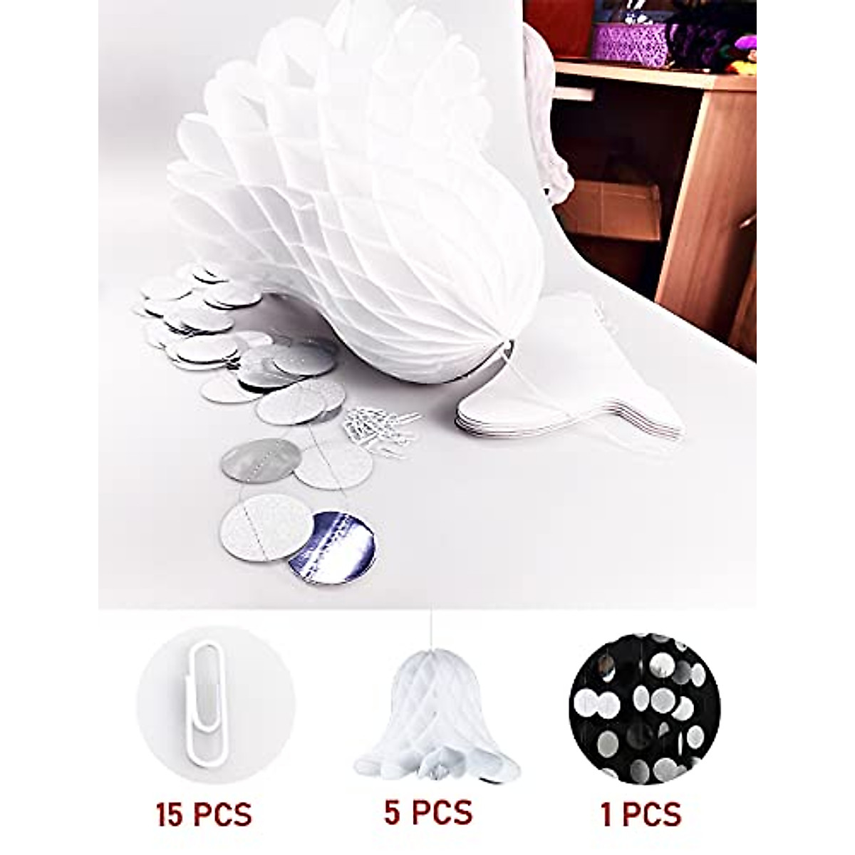 Hanging Paper Bells Honeycomb 5 Pieces and Glittery Silver Tassels,White Bridal Honeycomb Bells Decorating Supplies Suitable for Wedding Decoration, P… (10)
