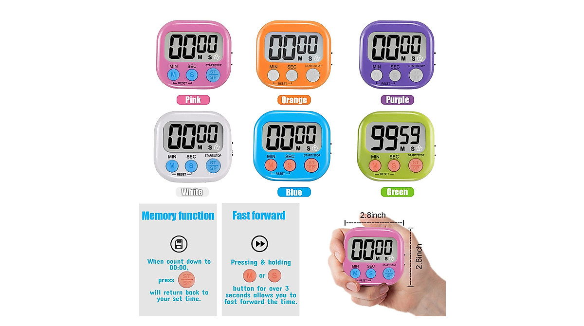 6 Pack Digital Timers with Loud/Silent Switch - Perfect for Cooking & More