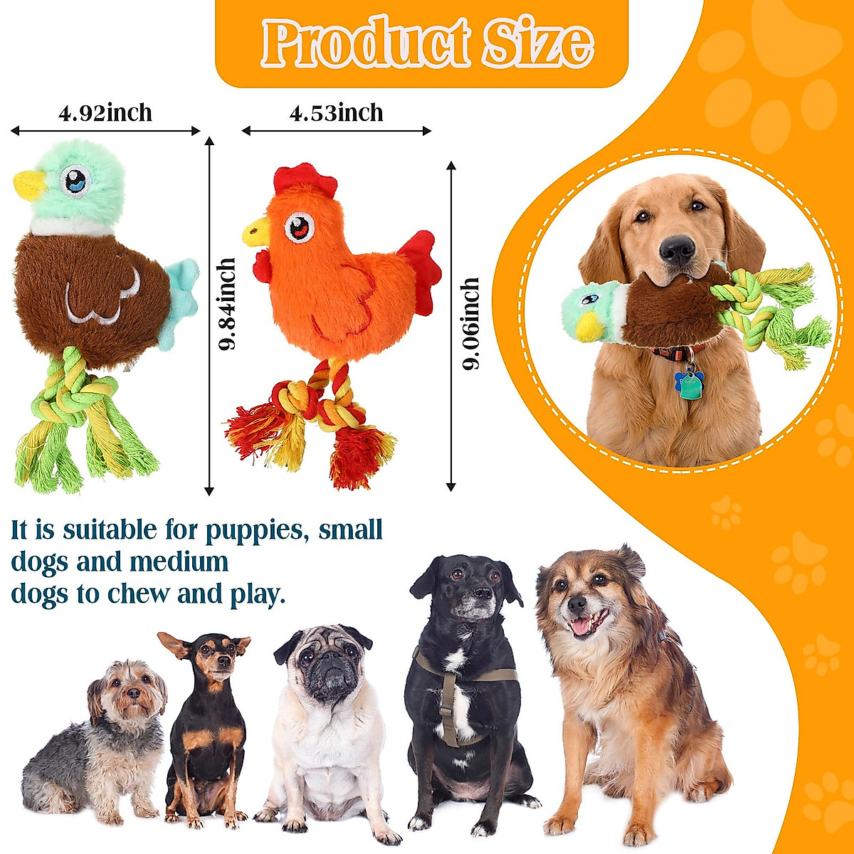 Leyndo 2 Pack Squeaky Plush Dog Toy Duck Chicken Dog Toy Teething Toys for Dog Puppies Interactive Stuffed Chew Toys Stuffed Animal Chew Toys for Small Medium Dogs Halloween Christmas Present