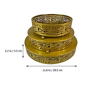 Amosfun 3Pcs Eid Ramadan Plate Iron Serving Tray Plate Islam Round Platter Snack Dessert Pastry Tray for Home Ramadan Mubarak Party Supplies (Golden)