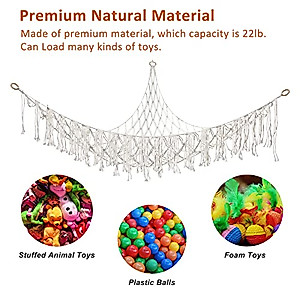 CUHIOY Toy Hammock for Stuffed Animals Large, Toy Storage Net Fits 40 Teddy Bears with Lights, Kids Mesh Hanging Nursery Organizer, Plush Toys Holder on Bedroom Wall Corner Decoration（ Beige）｜64x 64x 45 Inch