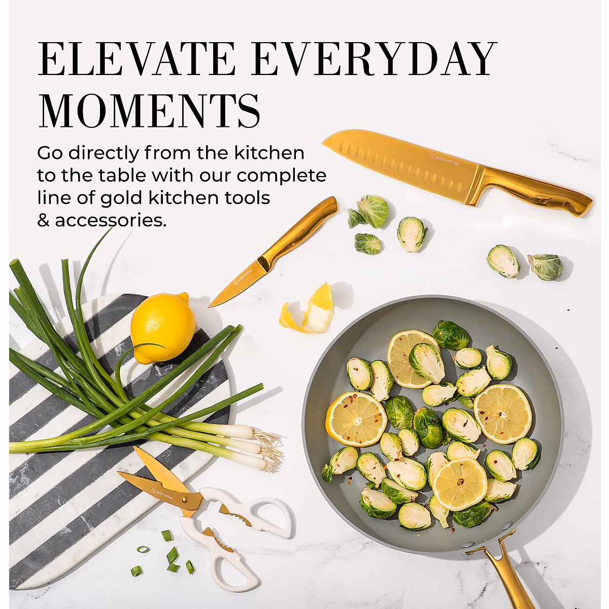 STYLED SETTINGS White and Gold Knife Set with Sharpener -14PC Self Sharpening Knife Block Set Includes Luxurious Full Tang Knives and White Knife Block - White and Gold Kitchen Decor Accessories