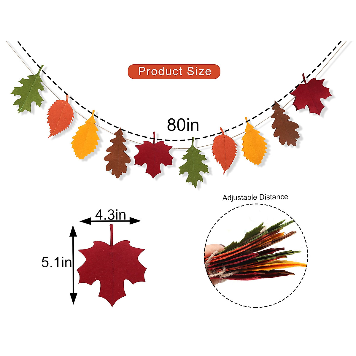 Felt Fall Leaf Garland - Double Layers Felt Leaves Banner, Fall Decorations for Mantle, Thanksgiving Decorations