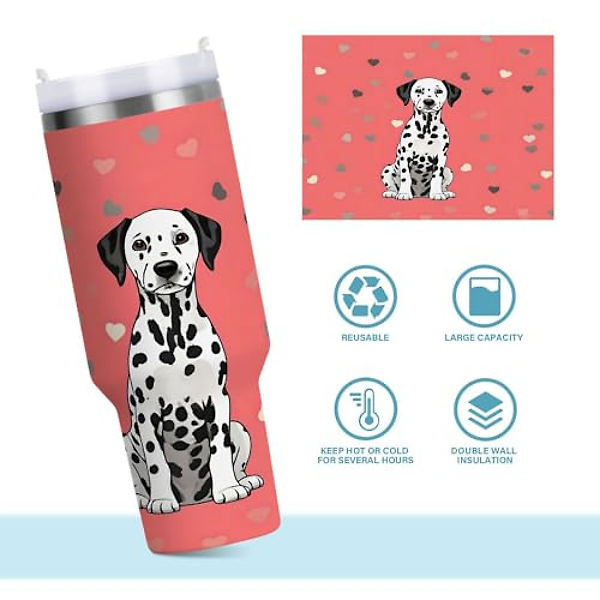 Maunzc 40 oz Tumbler with Handle and Straw, Insulated Stainless Steel Travel Mug with Lid for Coffee, Iced Tea, Water, Gift for Men Women (Cute Spotted Dog)