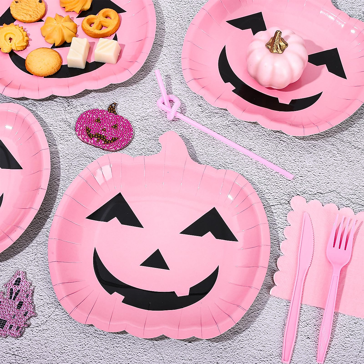 Whaline 40Pcs Halloween Paper Plates Pink Pumpkin Shaped Disposable Plates Cute Grimace Pumpkin Pattern Decorative Plates for Halloween Holiday Birthday Party Baby Shower Dinner Tableware Supplies