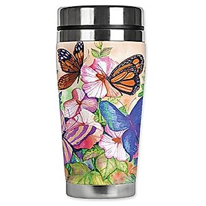 Mugzie "Garden Butterflies" Stainless Steel Travel Mug with Insulated Wetsuit Cover, 20 oz, Black
