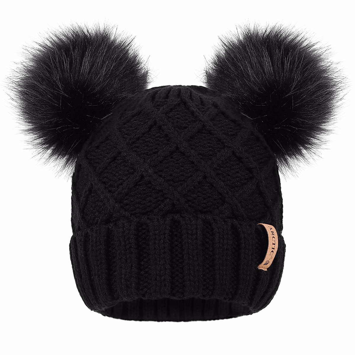 Arctic Paw Winter Cable Knit Fleece Lined Pom Pom Beanie for Women Black