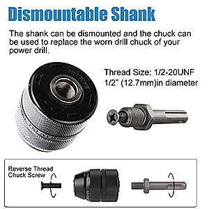 Hymnorq 1/2-20UNF Keyless 1.5-13mm 3-Jaw Drill Chuck with SDS Plus Shank Adaptor, Full Metal Body, Fit Rotary Hammer and Hammer Drill, to Hold Bits from 1/16 Inch to 1/2 Inch