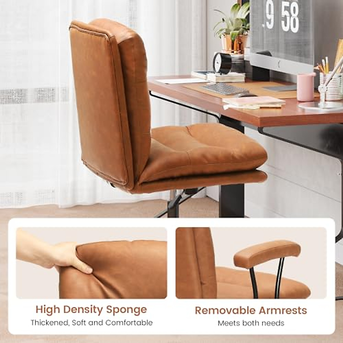 DICTAC Brown Leather Office Chair,Mid Century Home Desk Chair with Padded Mid-Back Support Removable Armrests Height Adjustable