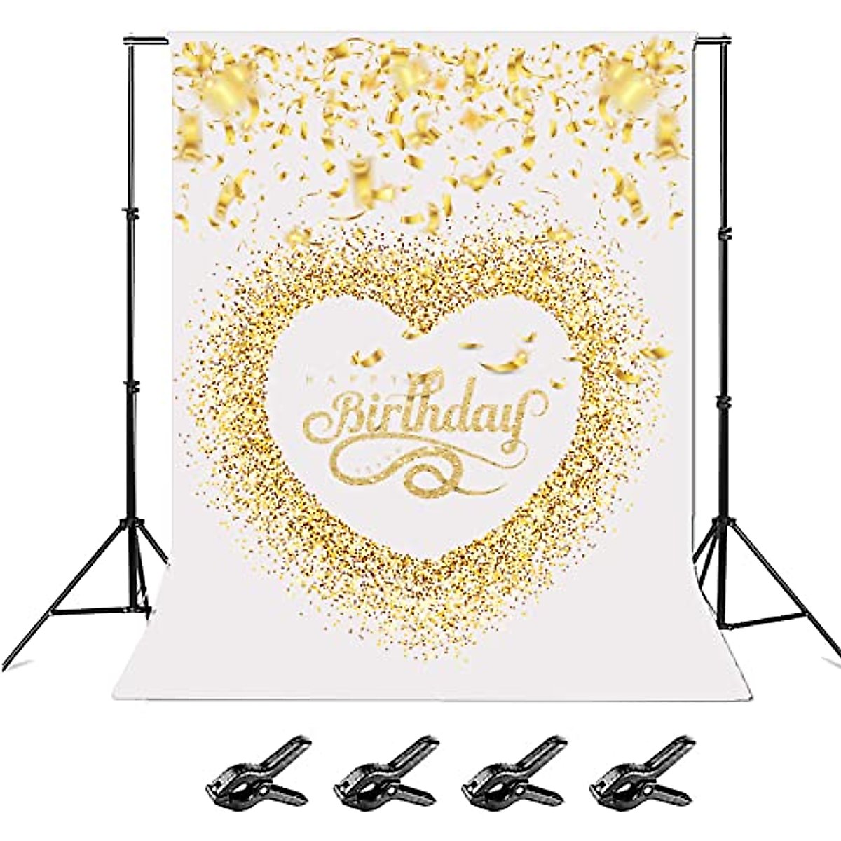 Backdrop Stand with White Backdrop，White Backdrop Stand，White Photo Backdrop with Stand， ​ Polyester White Cloth 6x9 feet Adjustable 8.5x10 Photography Stand 4 Clips