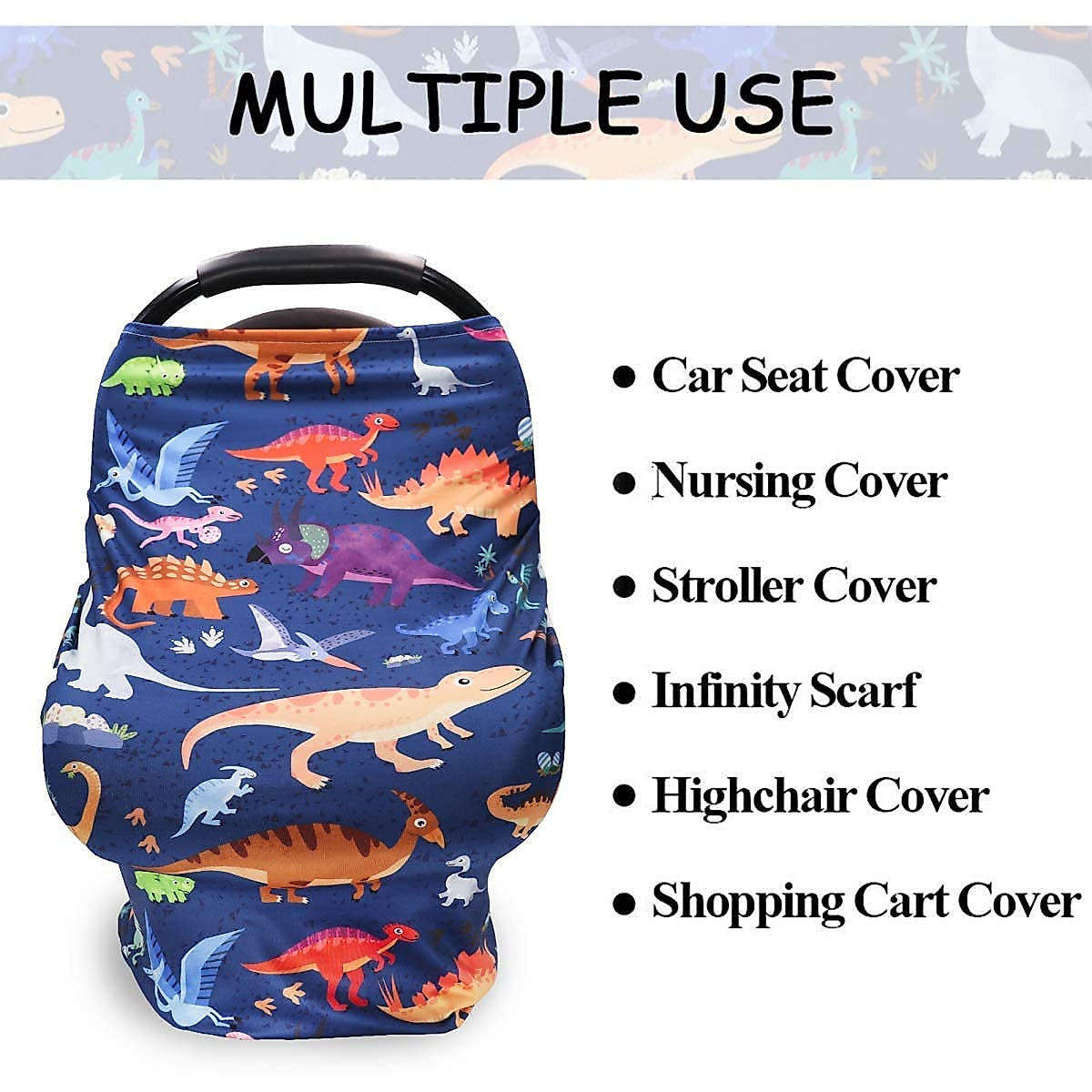 Dinosaur Baby Car Seat Canopy, Soft Plush Dotted Backing Baby Car Seat Cover, Nursing Cover Breastfeeding Scarf, Infant Carrier Cover for Boys and Girls