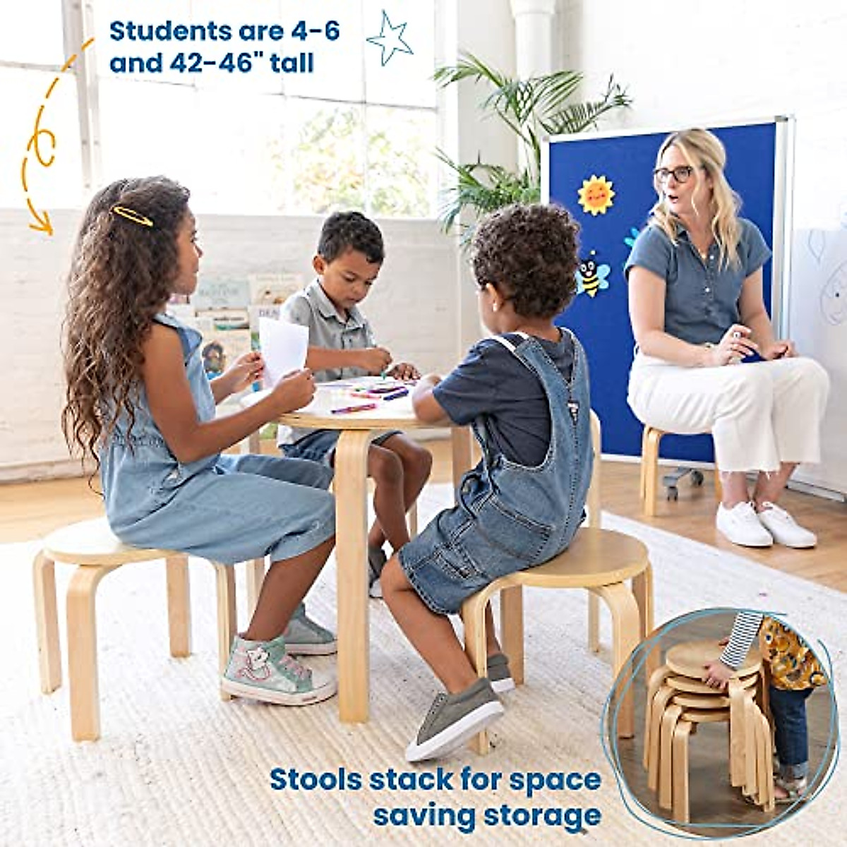 ECR4Kids Bentwood Round Table and Stool Set, Children's Furniture, Natural, 5-Piece