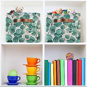 Green Leaves Storage Basket Bins Sturdy Toy Storage Organizer Bins Laundry Basket with Handles for Bedroom Office Clothes Pet Nursery Living Room,1 pcs