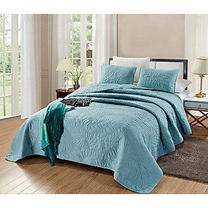 GrandLinen 3-Piece Leaf Pattern Bedspread Sets - Savannah Quilt Set in Solid Spa Blue King size 118"X106" Oversize Lightweight Coverlet with 2 Pillow Shams - Soft Microfiber