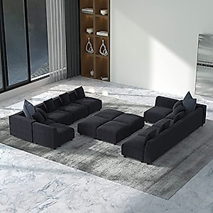 LLappuil Modern Modular Sectional Sofa Set, Low Back Minimalist Style Couch with Ottoman and Chaise Lounge, Soft Fabric 14 Seater Oversized 130.6" Sofa for Living Room, Dark Grey