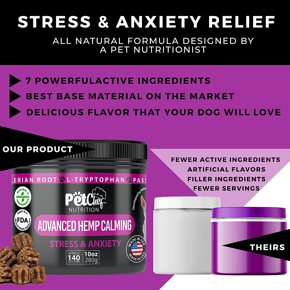 Pet Chef Calming Chews for Dogs with Hemp – Natural Dog Calming Chews for Separation Anxiety, Hyperactivity, Stress, and Pain Relief, Roasted Bacon Flavor, Pop Top Lid, Made in USA, 140 Count Value