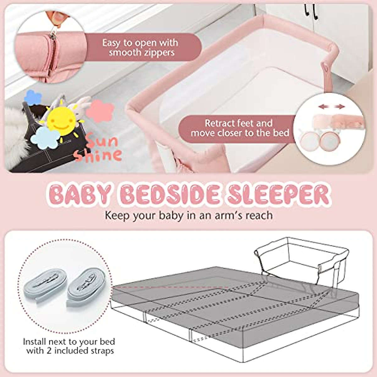 BABY JOY Bassinet Bedside Sleeper, 3 in 1 Folding Crib w/Adjustable Height, Mattress, Lockable Wheels, Storage Pocket & Carry Bag for Infant Newborn, Stationary & Rock, Portable Baby Bassinet (Pink)