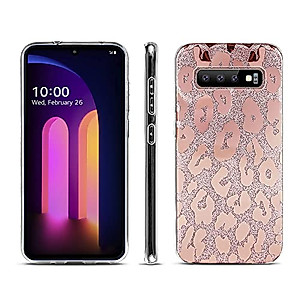 J.west Compatible with LG V60 ThinQ Case 5g, Luxury Saprkle Bling Glitter Leopard Print Design Soft Metallic Slim Protective Phone Cases for Women Girls Clear TPU Bumper Silicone Cover Case Rose Gold