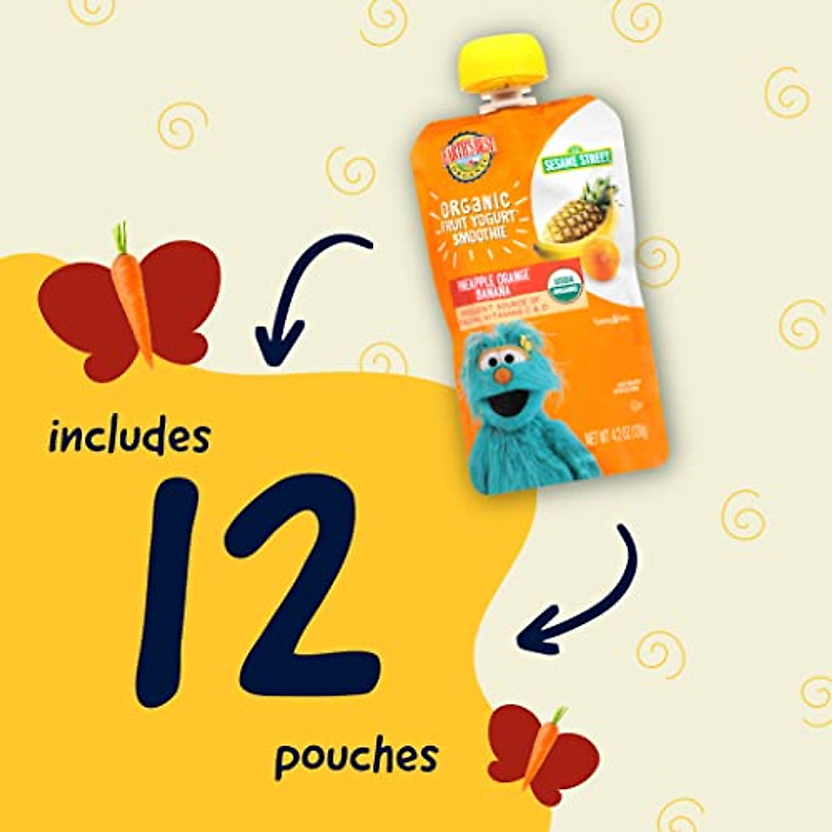 Earth's Best Organic Kids Snacks, Sesame Street Toddler Snacks, Organic Fruit Yogurt Smoothie for Toddlers 2 Years and Older, Pineapple Orange Banana, 4.2 oz Resealable Pouch (Pack of 12)
