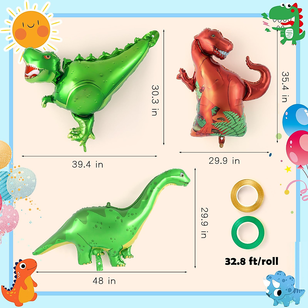 Dinosaur Foil Balloons, 8 Pcs Cartoon Dinosaur Mylar Balloons, Giant Dino Animal Balloons for Dinosaur Birthday Party Decorations Baby Shower Gender Reveal