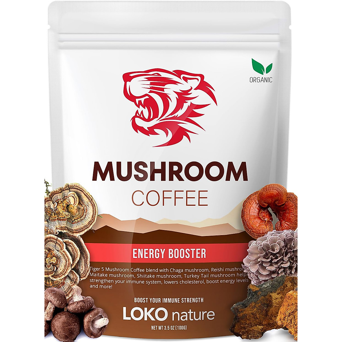 Tiger 5 Mushroom Coffee- Organic Superfood Mushroom Coffee with 100% Arabica, Powerful Natural Ingredients, Antioxidants, Immune System Booster, Vegan, Dairy Free, Non-GMO and Great Taste
