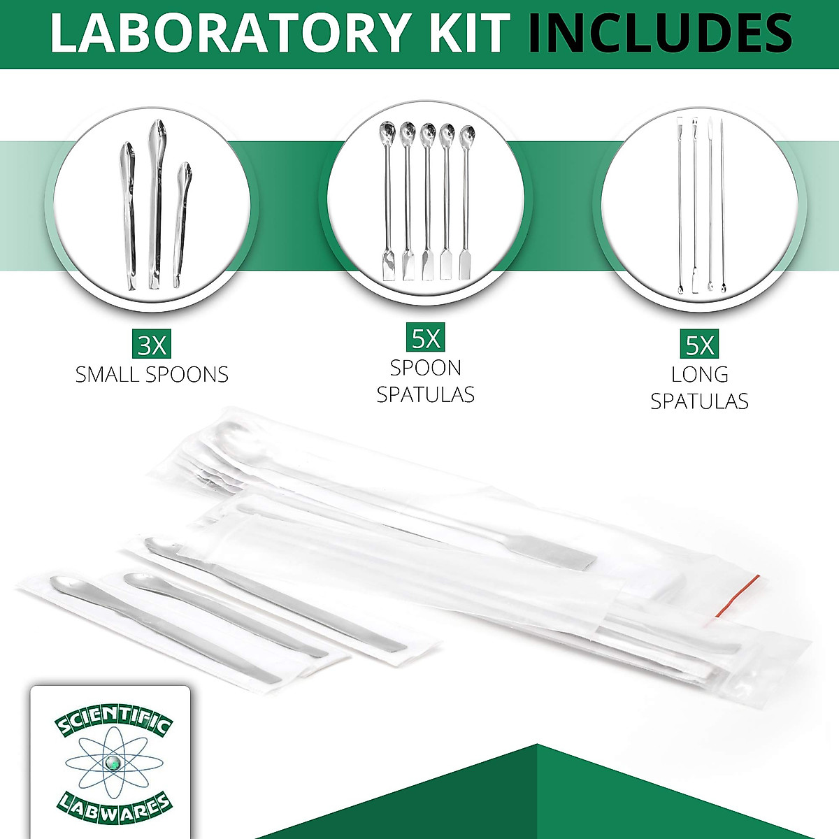 Scientific Labwares Laboratory Spoon Spatula Set - Long Handled Mixing & Measuring Equipment - Supplies for Labs, Sampling, Sculpting, Stirring, Making Makeup - Durable Stainless Steel - Set of 12