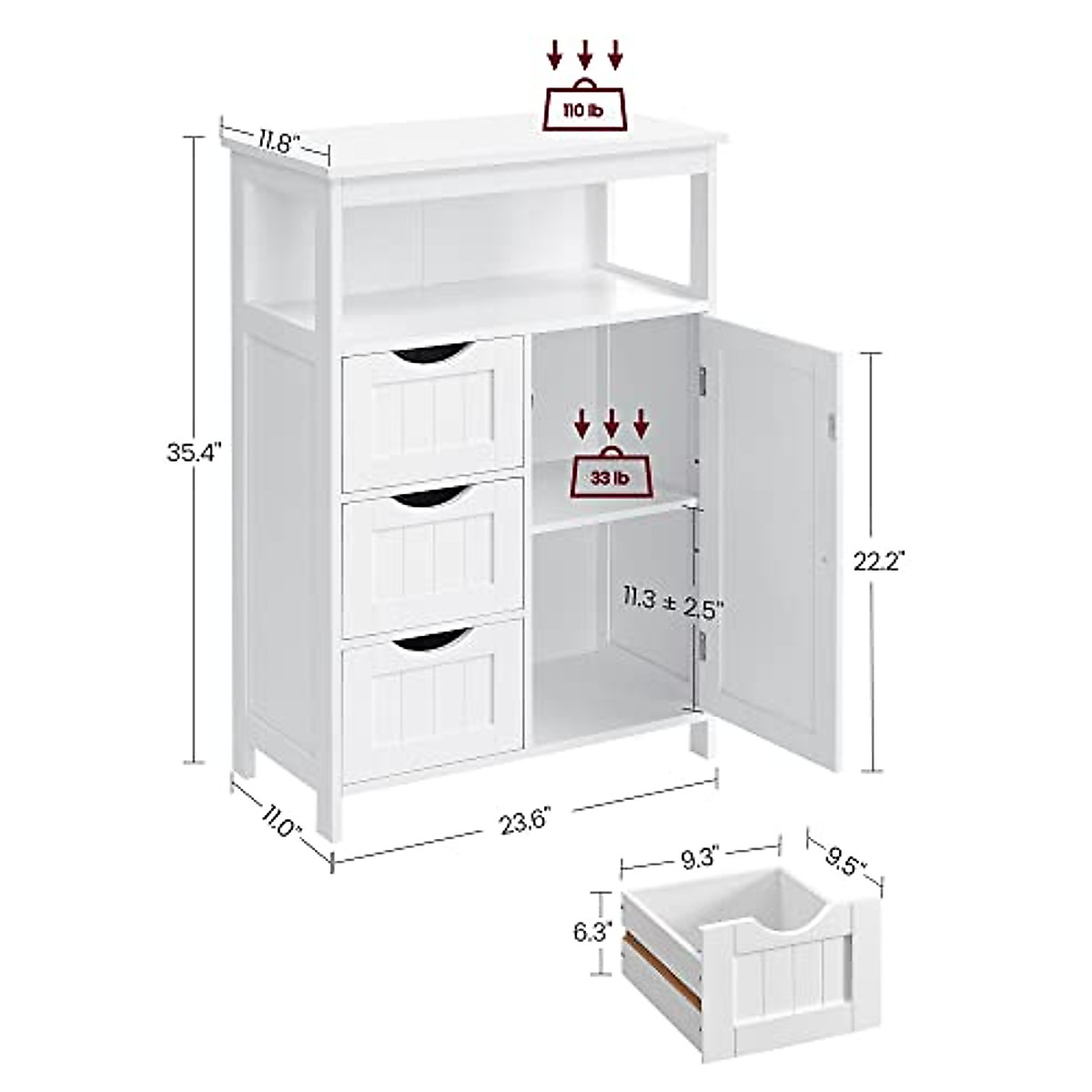 VASAGLE Bathroom Floor Storage Cabinet, Bathroom Storage Unit with 3 Drawers, Bathroom Cabinet Freestanding, Adjustable Shelf, 11.8 x 23.6 x 35.4 Inches, White UBBC542P31