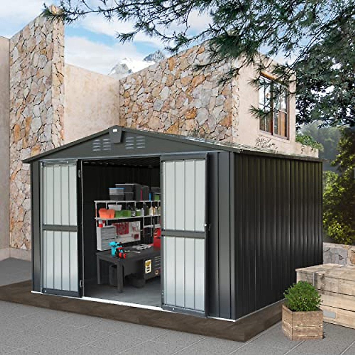 Domi Backyard Storage Shed 9.8’ x 7.9’ with Galvanized Steel Frame,Outdoor Garden Shed Metal Utility Tool Storage Room with Latches and Lockable Door for Balcony Lawn Poolside (Dark Gray)