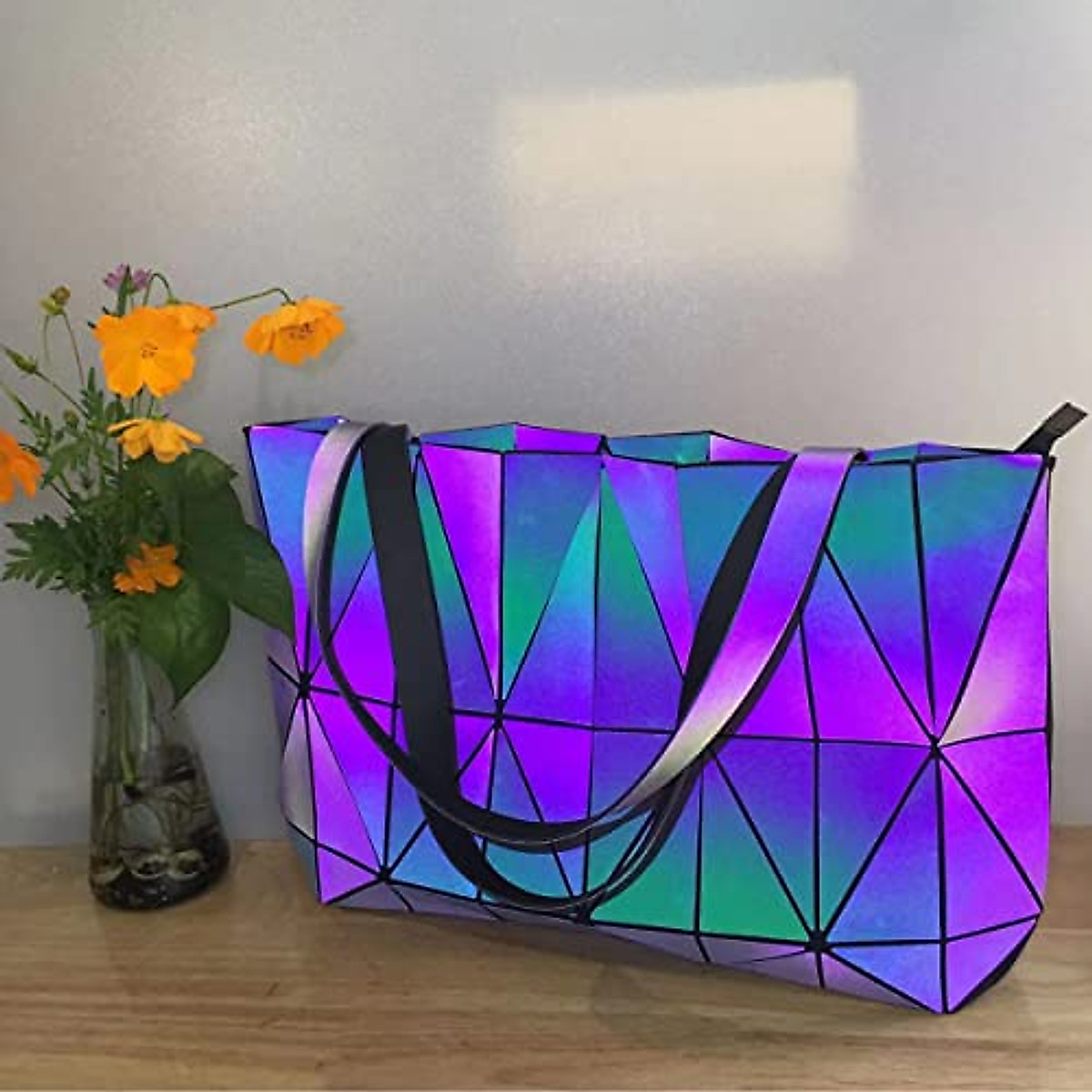 RBATG Large Capacity Tote Bag for Women Fashion Luminous Shoulder Bag Geometric Lattice Women's Handbag (Triangle tote bag C)