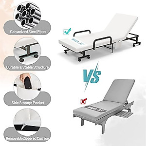KOMFOTT Folding Rollaway Bed with Mattress for Adults, Portable Guest Bed with 6 Positions Adjustable Backrest, Foldable Reinforced Steel Frame Rolling Bed with Side Storage Pocket (75.5" x 30")